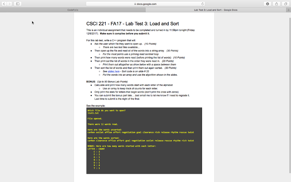 Solved docs.google.com CodeFolo Lab Test 3: Load and Sort - | Chegg.com