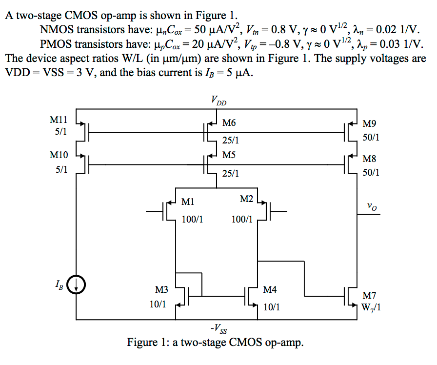 Solved A two-stage CMOS op-amp is shown in Figure 1 NMOS | Chegg.com