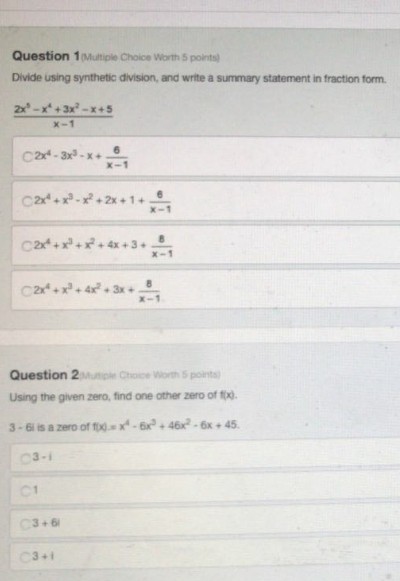 Solved Question 1 Multiple Choice Worth 5 poin Divide using | Chegg.com