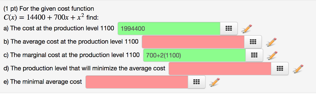 Solved (1 pt) For the given cost function C(x) = 14400 + | Chegg.com