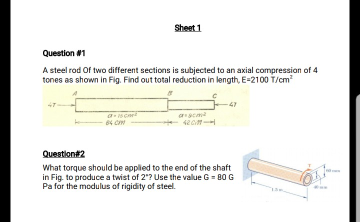 Solved Sheet 1 Question #1 A steel rod Of two different | Chegg.com
