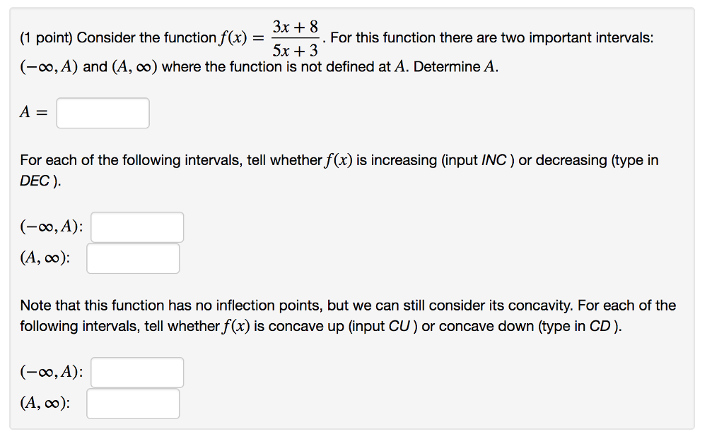 Solved 3x +8 (1 point) Consider the function f(x) For this | Chegg.com
