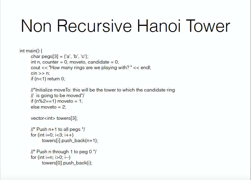 Solved Non Recursive Hanoi Tower int main( char pegs[3] = | Chegg.com