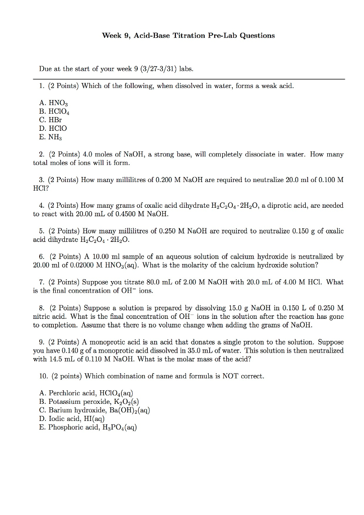 Solved Week 9, Acid-Base Titration Pre-Lab Questions Due at | Chegg.com