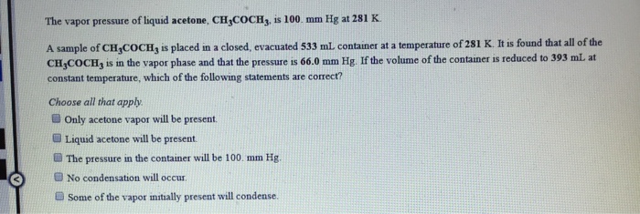 Solved The vapor pressure of liquid acetone. CH_3COCH_3, is | Chegg.com
