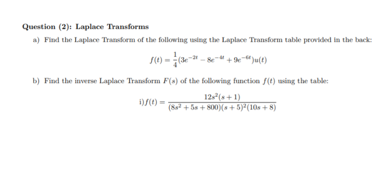 Solved Question (2): Laplace Transforms a) Find the Laplace | Chegg.com