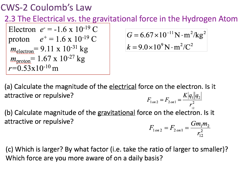 Solved The Electrical vs. the gravitational force in the | Chegg.com