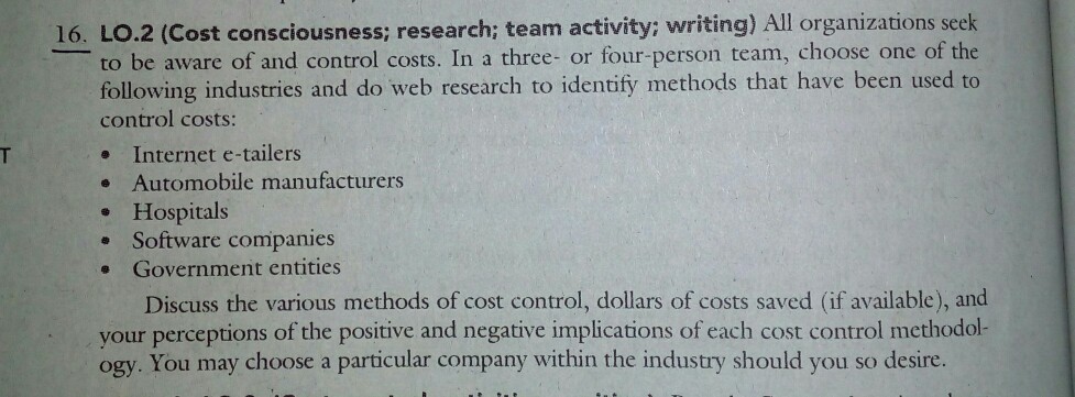 16. LO.2 (Cost consciousness; research; team | Chegg.com