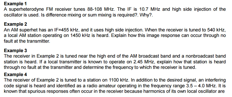 Solved Example 1 A superheterodyne FM receiver tunes 88-108 | Chegg.com