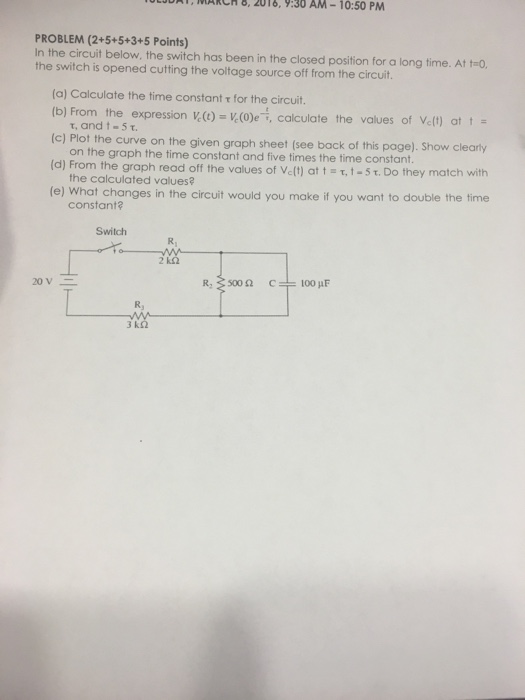 Solved In the circuit below, the switch has been in me | Chegg.com