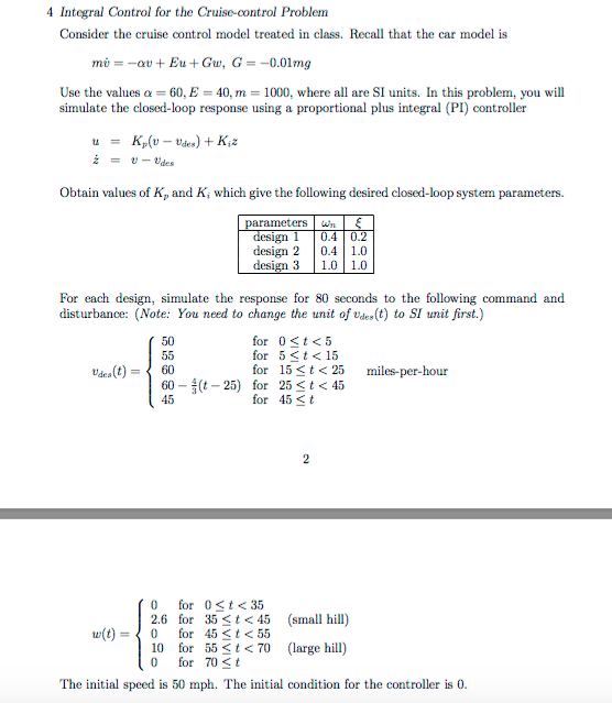 4 Integral Control for the Problem Consider the | Chegg.com