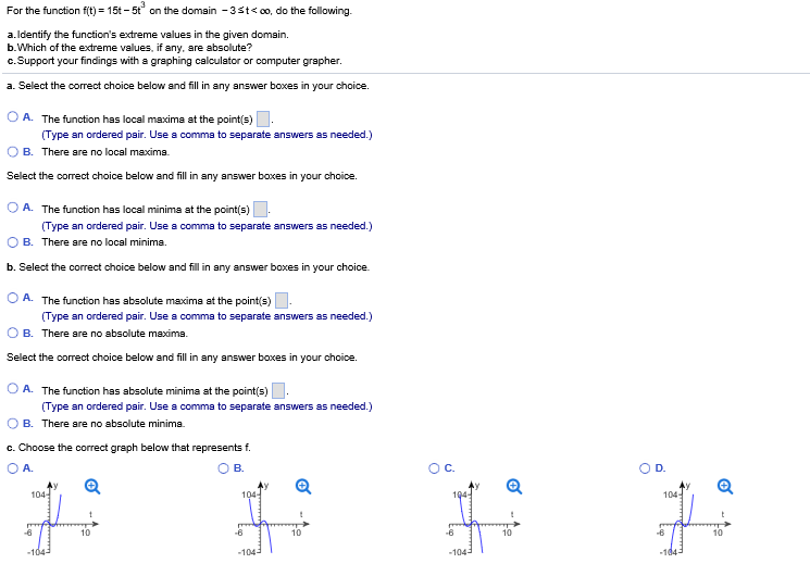 Solved For the function f(t) = 15t - 5t^3 on the domain - 3 | Chegg.com