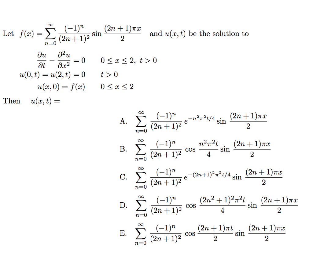 Solved Let f(x)=Σ (2n +1)2 and u(x, t) be the solution to | Chegg.com Solved Let f(x)=Σ (2n +1)2 and u(x, t) be the solution to | Chegg.com