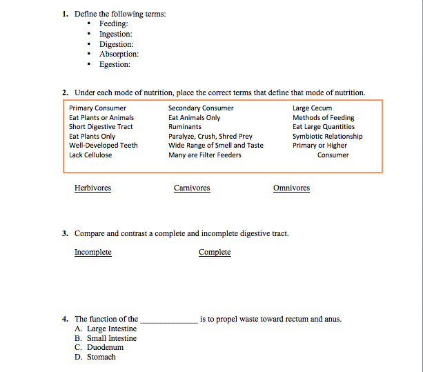 Solved 1. Define the following terms: Feeding: Ingestion: | Chegg.com