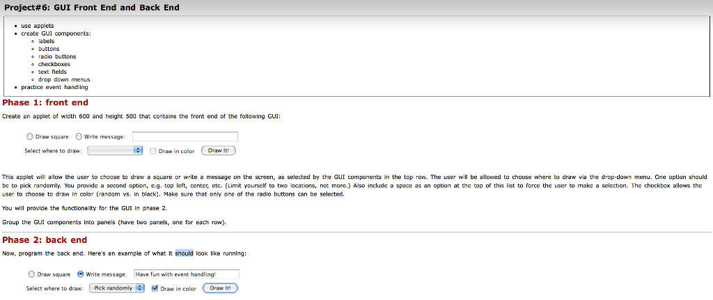 Project 6: GUI Front End and Back End use applets | Chegg.com