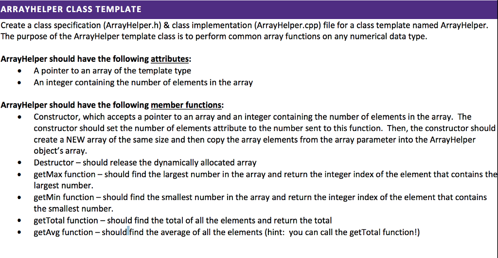 ARRAYHELPER CLASS TEMPLATE Create a class | Chegg.com