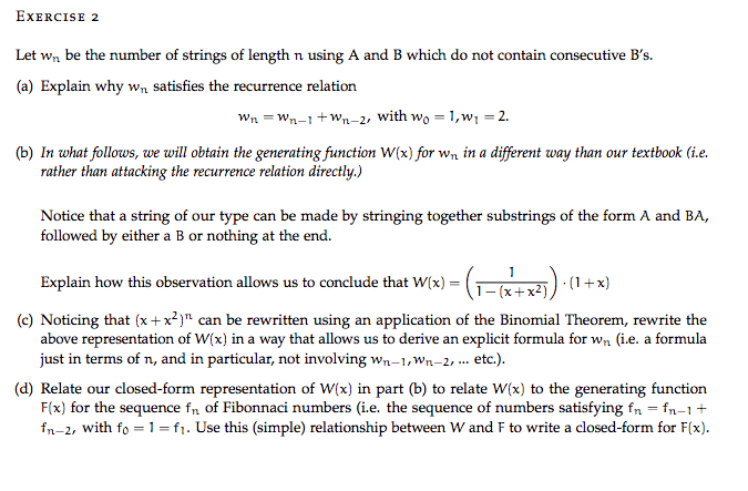 ExERCISE 2 Let wn be the number of strings of length | Chegg.com