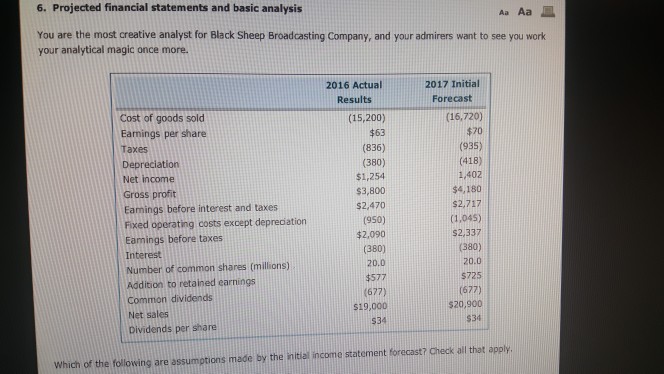 Solved 6. Projected financial statements and basic analysis | Chegg.com