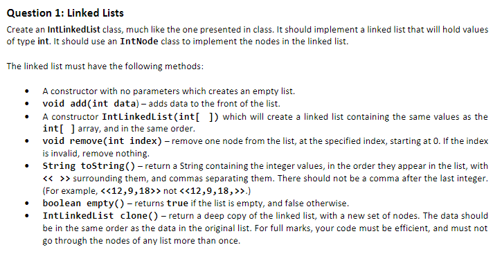 Question 1: Linked Lists Create an IntLinkedList | Chegg.com