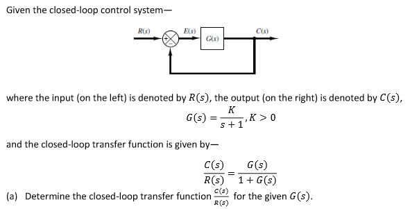 Solved Given the closed-loop control system- R(s) E(s) C(s) | Chegg.com