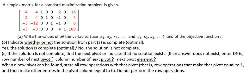 Solved A simplex matrix for a standard maximization problem | Chegg.com