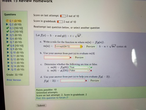 Solved Score on last attempt: 2 out of 10 Score in | Chegg.com