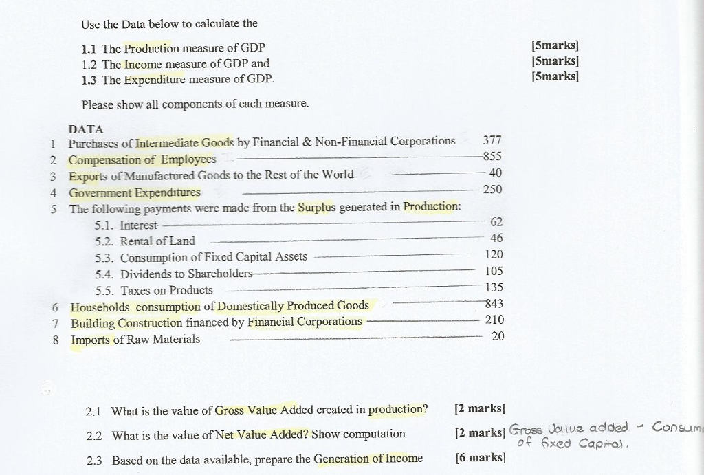 Solved Use the Data below to calculate the [5marks] 5marks] | Chegg.com