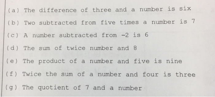 Solved The Difference Of Three And A Number Is Six Two
