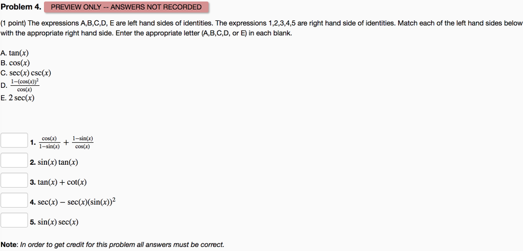 Solved Problem 4. PREVIEW ONLY --ANSWERS NOT RECORDED (1 | Chegg.com