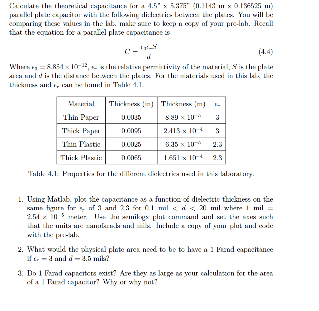 Solved Calculate the theoretical capacitance for a 4.5" x | Chegg.com
