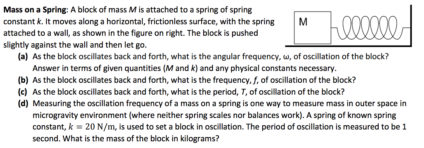 Solved Mass on a Spring: A block of mass M is attached to a | Chegg.com