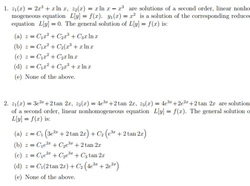 Solved 1.句(z) = 2z? + x In x, 22(z) = r ln 2-z? are | Chegg.com