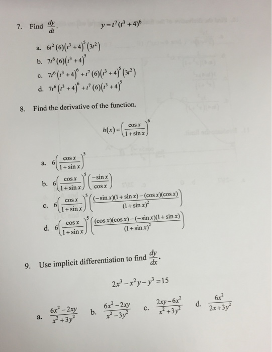 Solved Find dy/dt. Y = t^ (t^3 + 4)^6 6t^2 (6) (t^3 + | Chegg.com