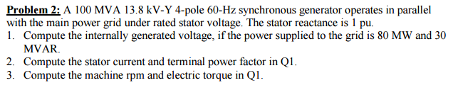 Solved A 100 MVA 13.8 kV-Y 4-pole 60-Hz synchronous | Chegg.com