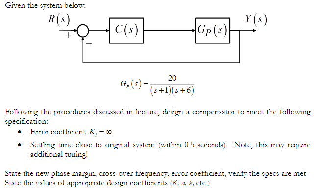 Solved Given the system below: G_P(s) = 20/(s + 1)(s + 6) | Chegg.com