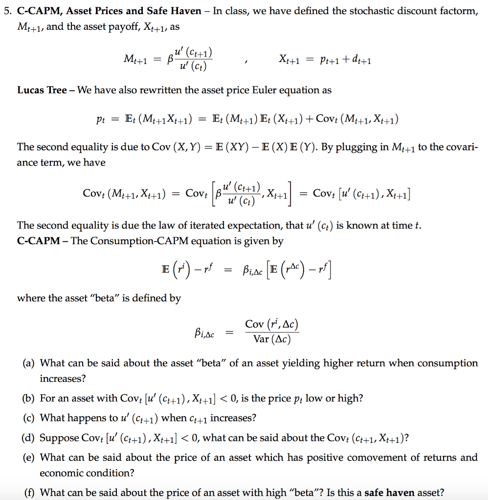 5. C-CAPM, Asset Prices and Safe Haven - In class, we | Chegg.com
