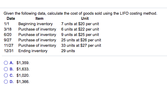 Solved Given the following data, calculate the cost of goods | Chegg.com