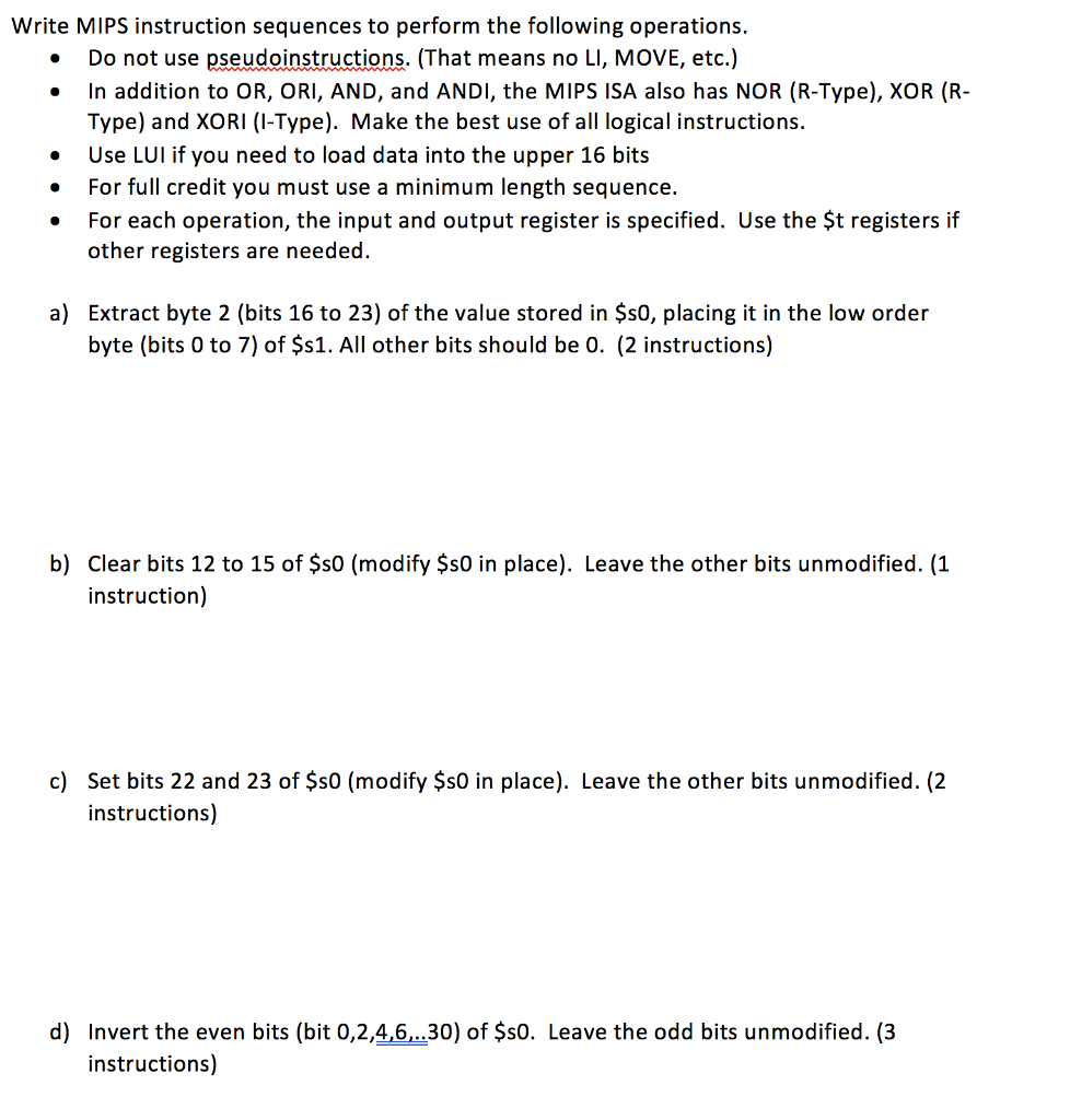 Solved Write MIPS instruction sequences to perform the | Chegg.com