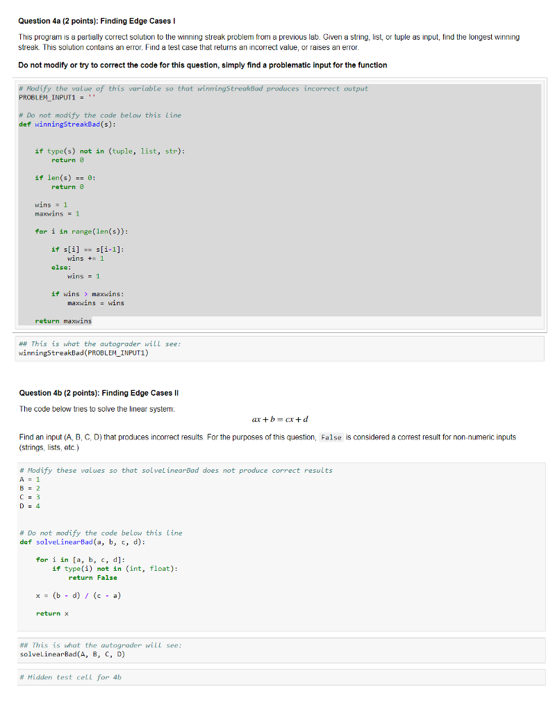 Solved Question 4a (2 points): Finding Edge Cases I This | Chegg.com