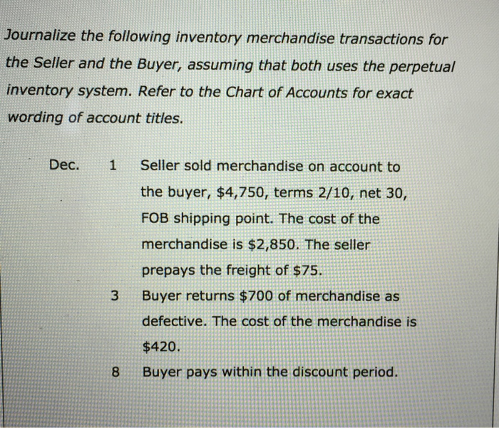 Solved Journalize the following inventory merchandise | Chegg.com Solved Journalize the following inventory merchandise | Chegg.com