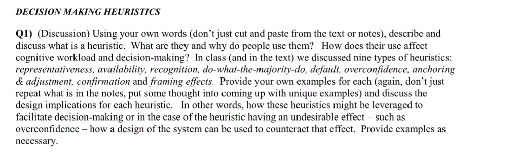 Solved DECISION MAKING HEURISTICS Q1) (Discussion) Using | Chegg.com
