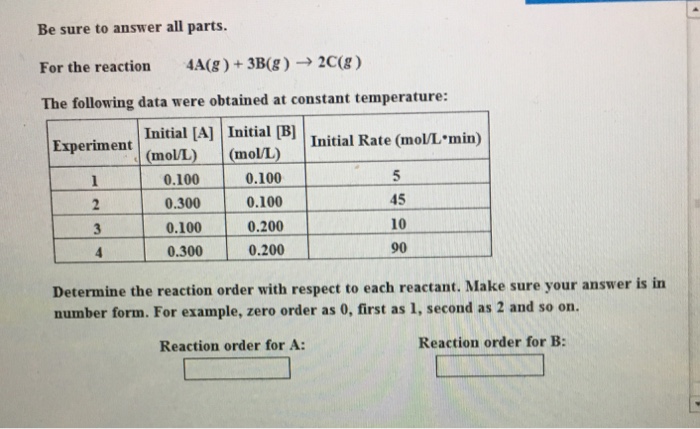 Solved For the reaction 4A(g) + 3B(g) rightarrow 2C((g) The | Chegg.com