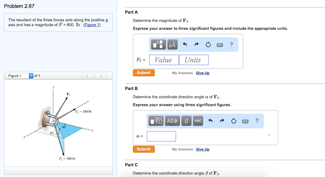 Solved Problem 2.67 The resultant of the three forces acts | Chegg.com