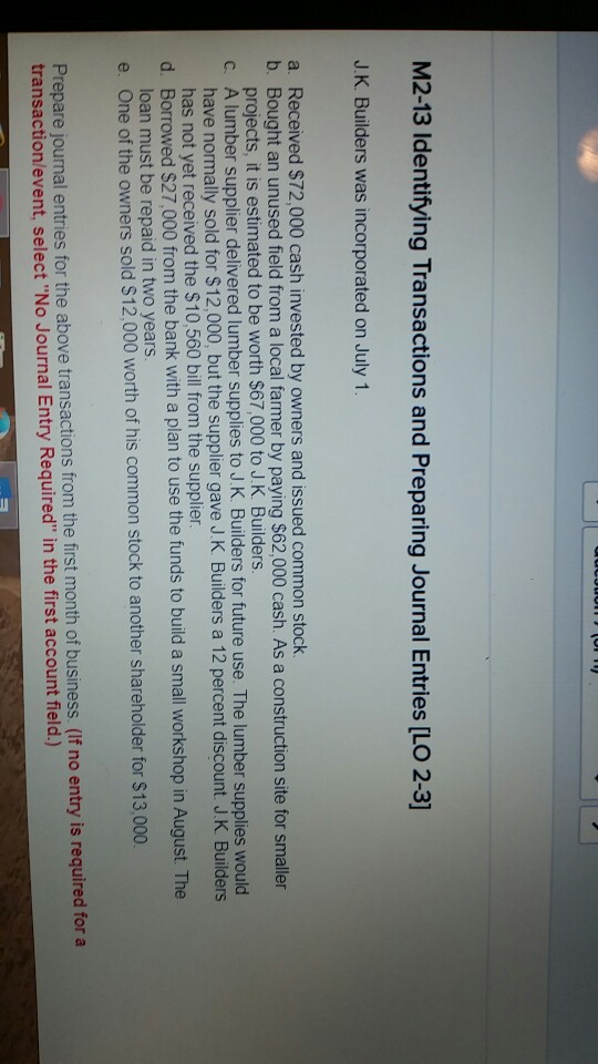 Solved M2-13 Identifying Transactions and Preparing Journal | Chegg.com