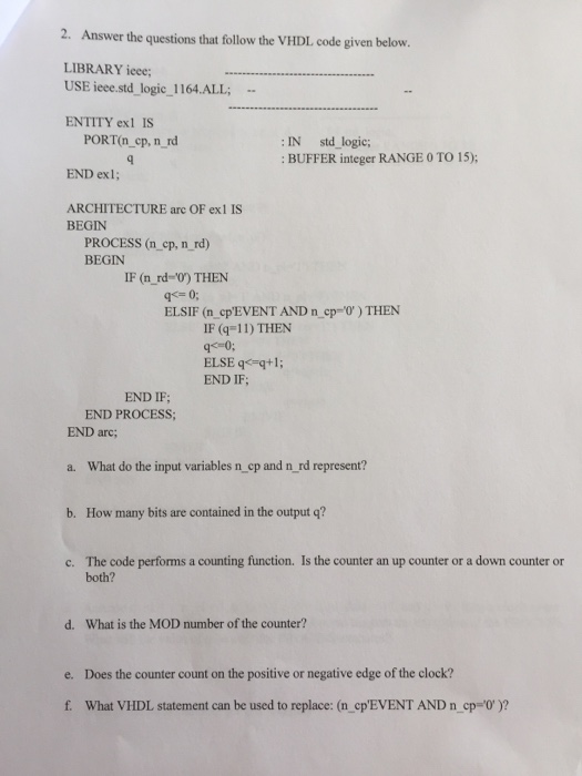 Solved Answer The Questions That Follow The Vhdl Code Given 