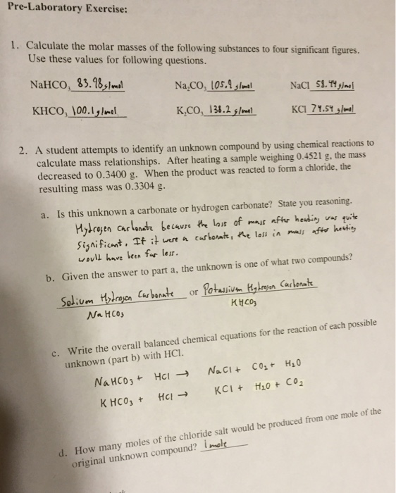 Solved Pre-Laboratory Exercise: 1. Calculate the molar | Chegg.com