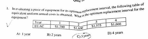Solved lacement interval, the following table of the optimum | Chegg.com