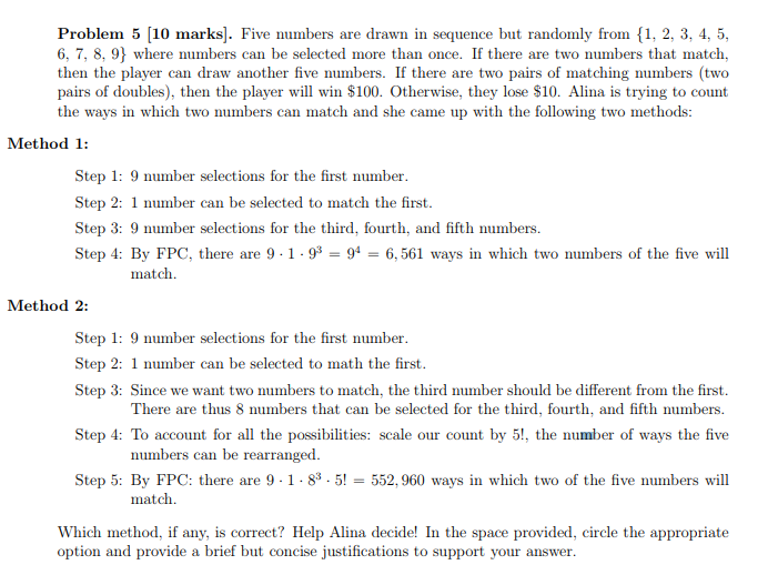 Solved Problem 5 [10 marks]. Five numbers are drawn in | Chegg.com