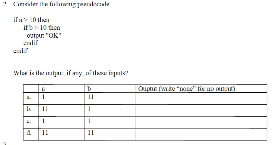 Solved 2. Consider the following pseudocode if a > 10 then | Chegg.com