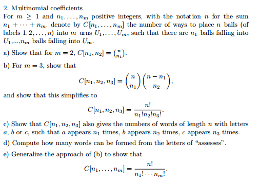 Solved Multinomial coefficients For m 1 and n_1,..., n_m | Chegg.com